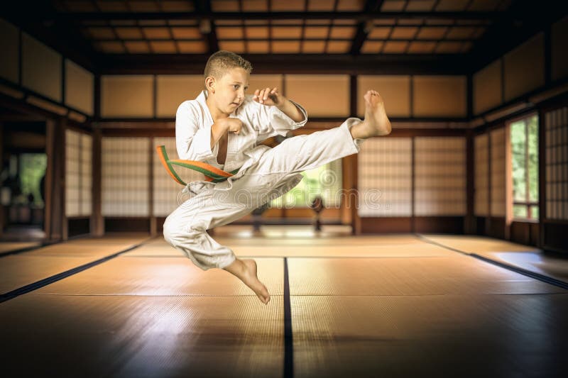 Boy Practising Martial Arts in a Traditional Dojo Stock Photo - Image ...