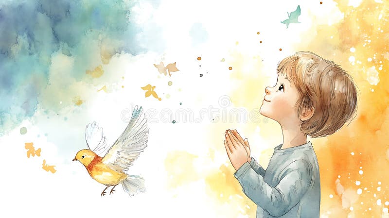 Boy Praying with Bird Watercolor Illustration Stock Illustration ...
