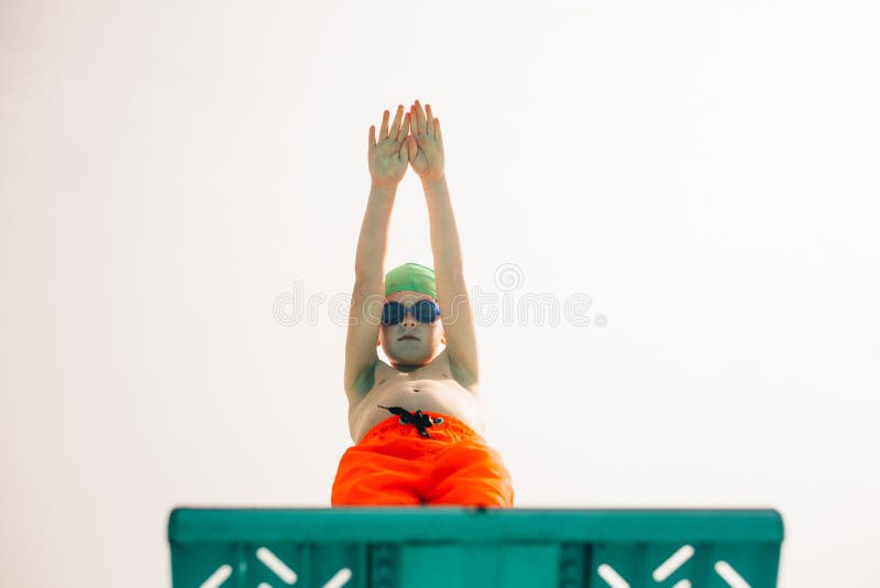 Boy Afraid of Diving in the Pool Stock Image - Image of plank, little ...