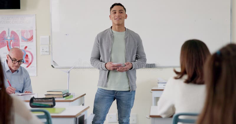 Boy, Presentation and Talking in Classroom at High School with Notes ...
