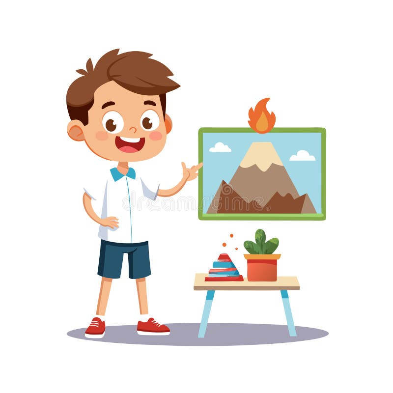 Boy Presenting a Volcano Illustration for a Science Project, Volcano ...