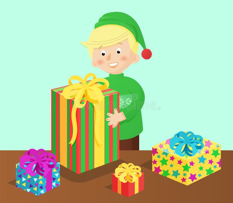 Boy and Presents on Table Vector Illustration Stock Vector ...