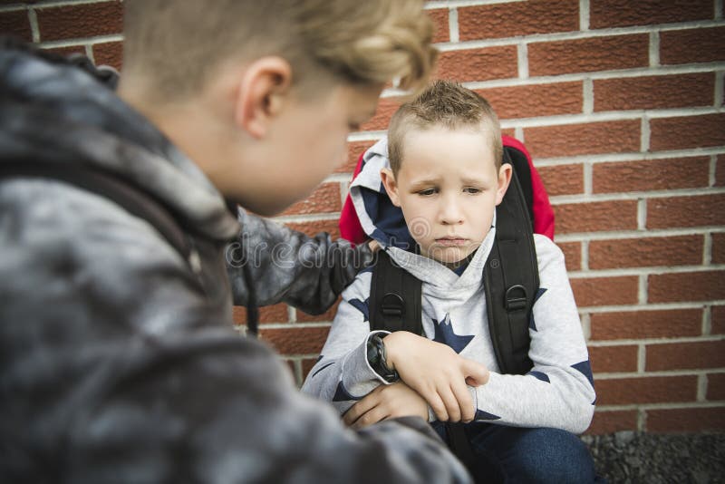 Boy Problem at School, Sitting and Consoling Child Each Other Stock ...