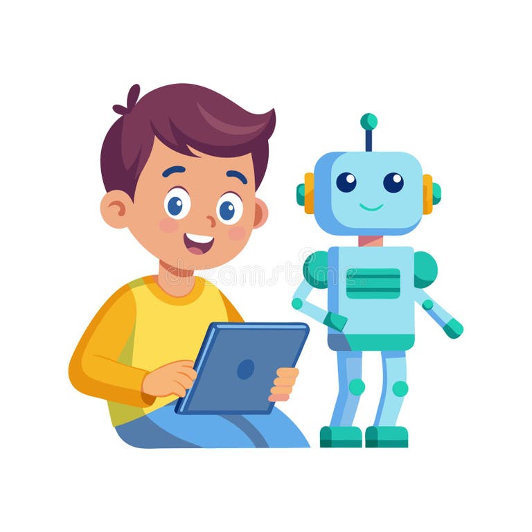 Boy Programming with a Tablet beside His Friendly Robot in Cartoon Flat ...