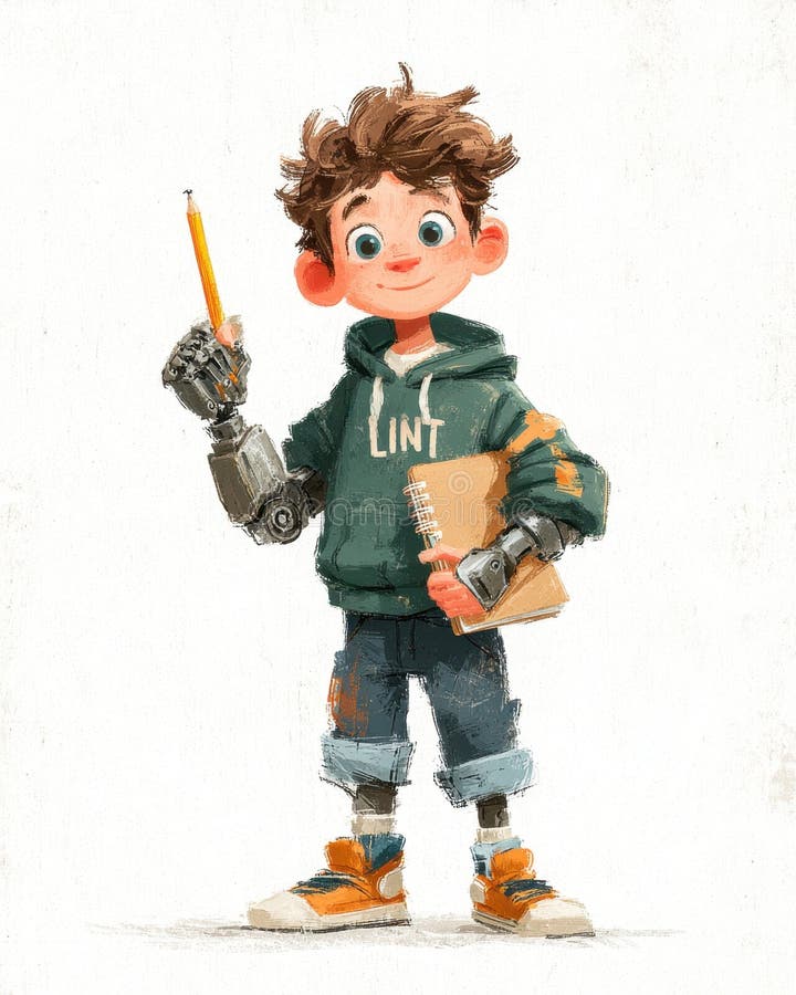 Boy with Prosthetic Arm and Pencil Holds Notebook, Ready To Create ...