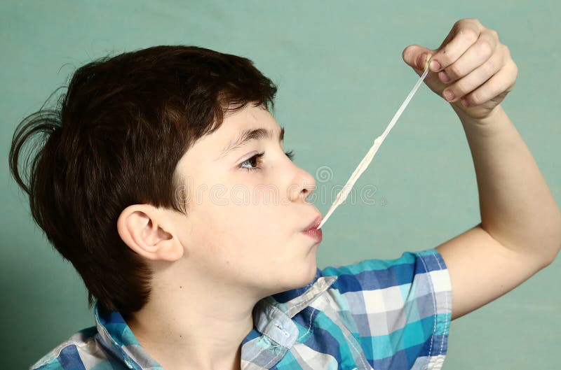 Boy Pull Chewing Gum with His Hand from Moth Stock Photo - Image of ...
