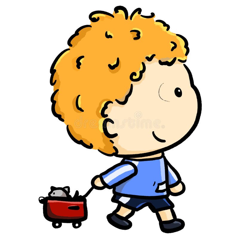 Curly Orange Hair Boy Smiling and Pulling Small Trolley Cartoon Color ...