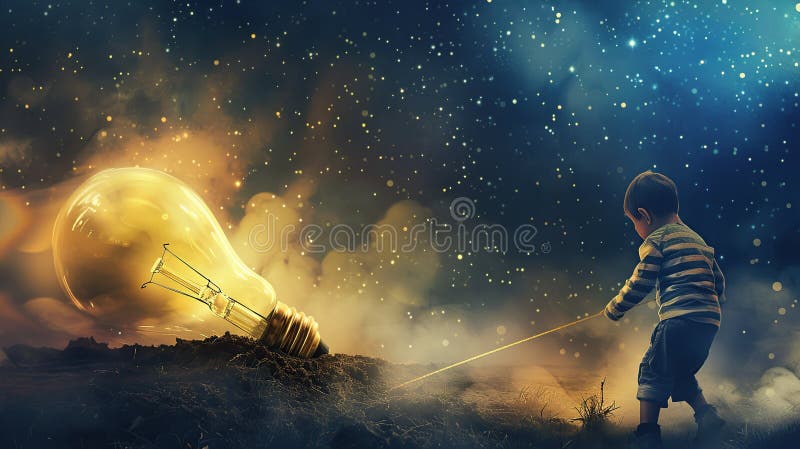 Boy Pulling a Giant Light Bulb Under a Starry Sky Stock Illustration ...