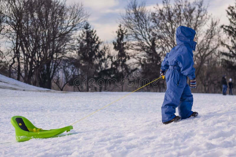 Boy Pulling a Sledge on Snow Stock Image - Image of sleigh, hill: 37887241