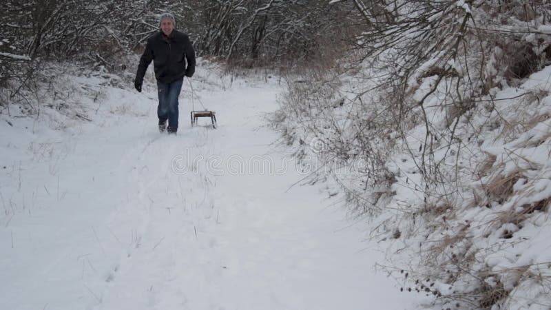 A man pulls an empty sled stock video. Video of nature - 253018235
