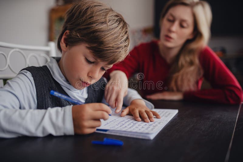 Boy Pupil Doing His Homework at Home Stock Image - Image of parent ...