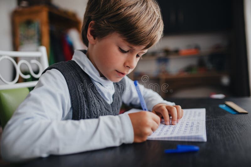 Boy Pupil Doing His Homework at Home Stock Image - Image of children ...
