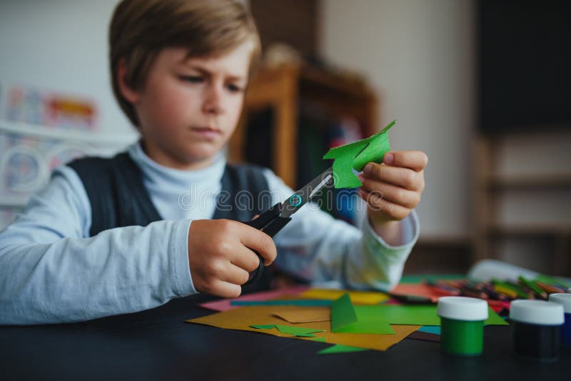 Boy Pupil Doing Paper Cut Lesson at Home Stock Image - Image of ...