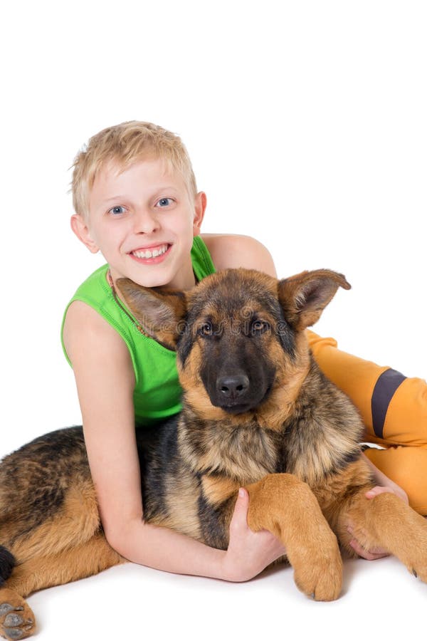 Boy and Puppy Shepherd Dogs Stock Photo - Image of pets, happy: 69048916