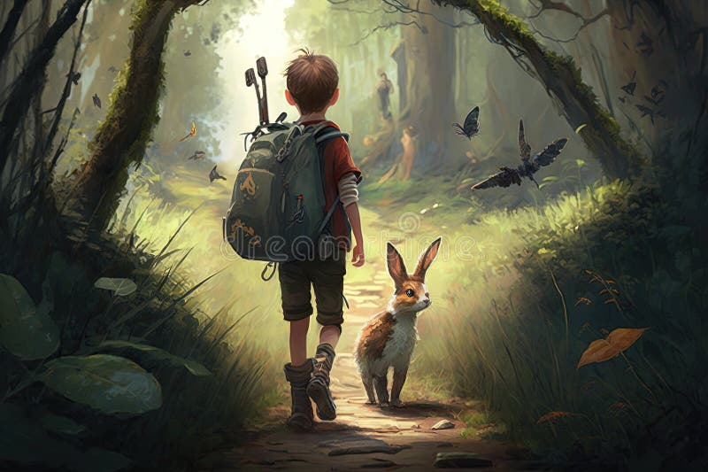 Boy with a Rabbit Ear and Tail, Carrying a Backpack and Walking Along a ...