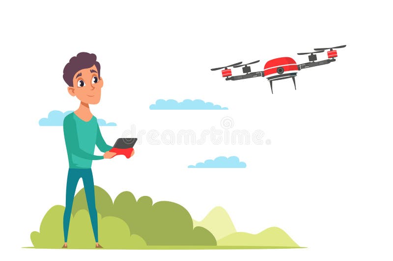 Boy with Radio Controller and Drone Quadcopter Flat Vector Illustration ...