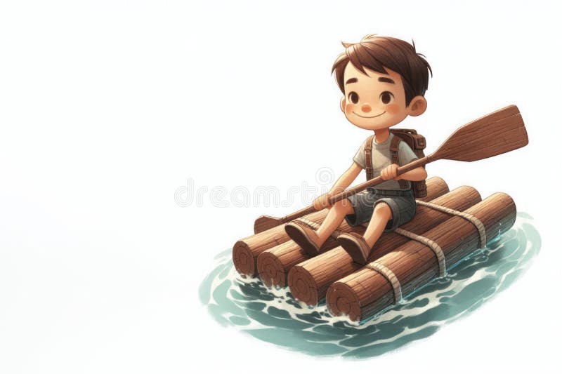 A Boy on a Raft Made of Logs. Space for Text. Stock Illustration ...