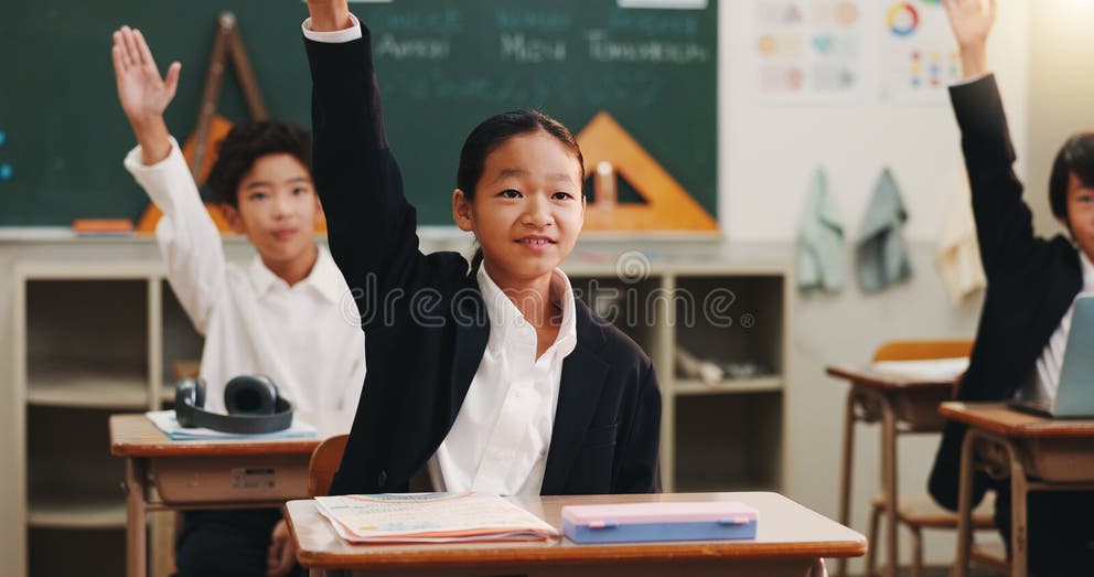 Boy, Raised Hand and Answer in Classroom for Learning, Opinion and ...