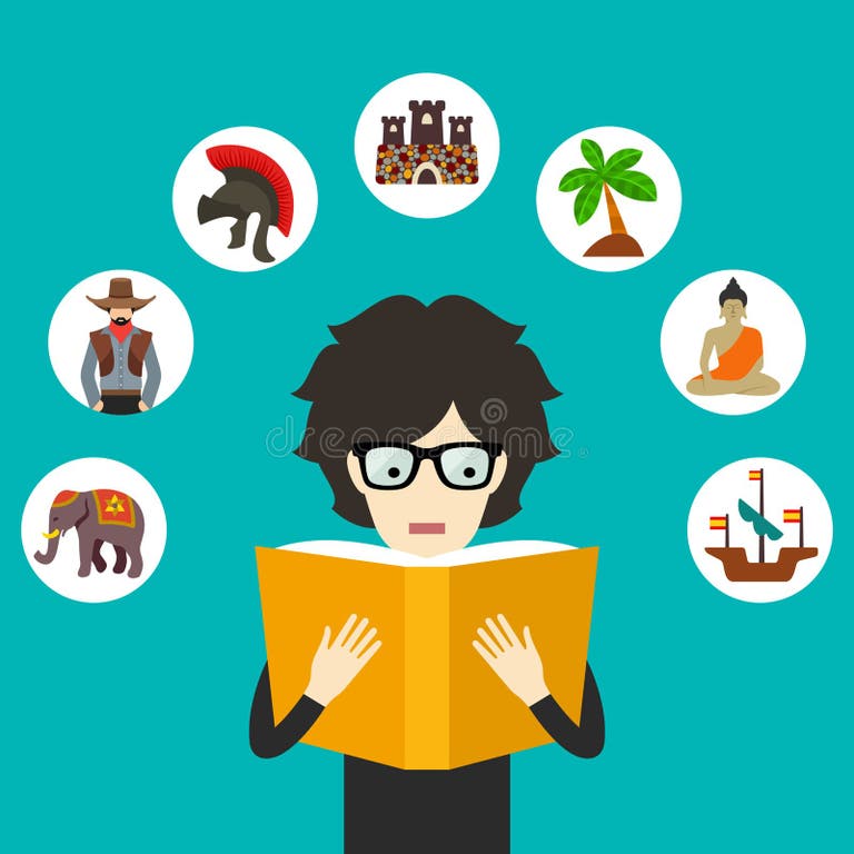Boy Reading an Adventure Book. Vector Illustration Stock Vector ...