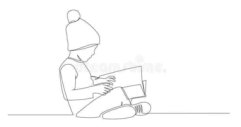 Boy Reading Book. Сhild Learns To Read. Continuous Line Drawing. Stock ...