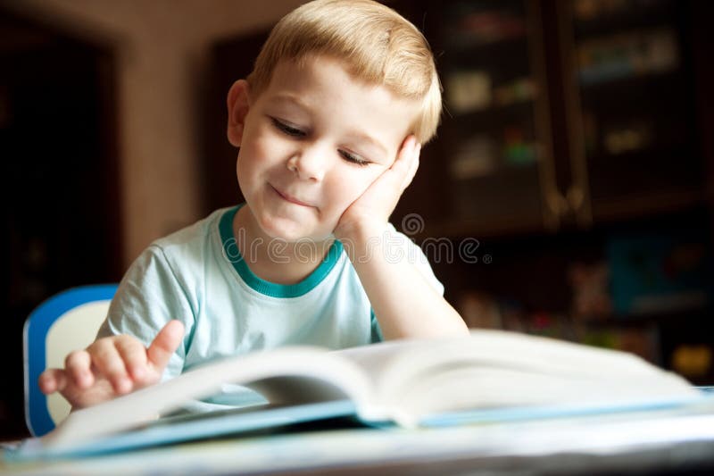 Kid Reading Book, Little Child Boy Read in School, Lying Down White ...