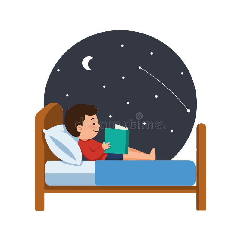 Boy Reading Book in Bed with Night Sky and Stars Flat Vector ...