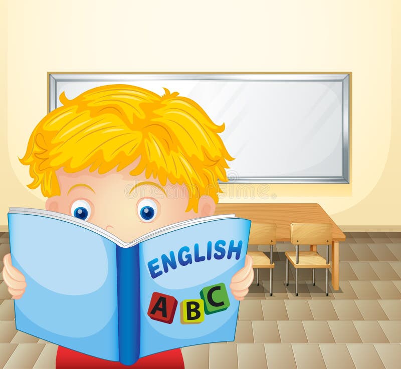 A Boy Inside a Classroom with an Empty Board at the Back Stock Vector ...