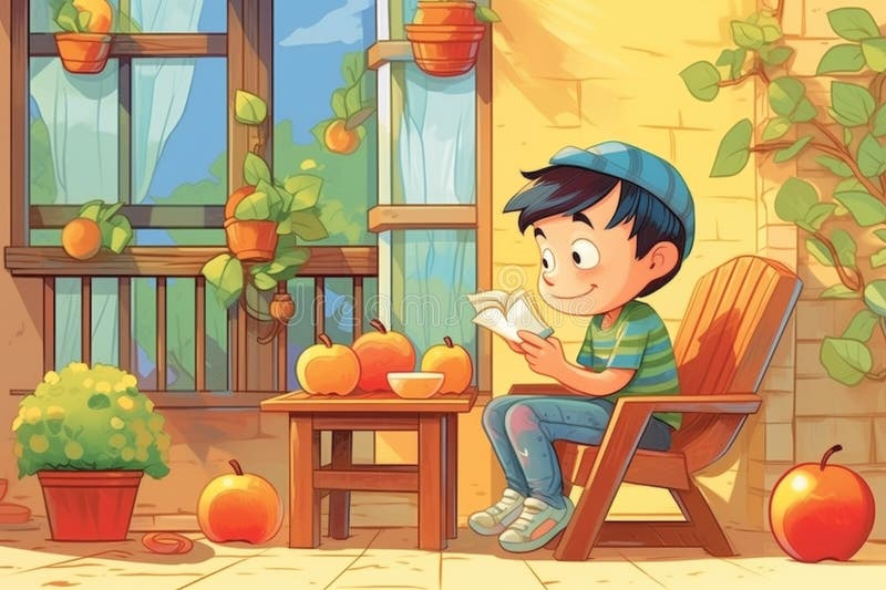 Boy Reading a Book on a Patio, Eating an Apple Stock Photo - Image of ...