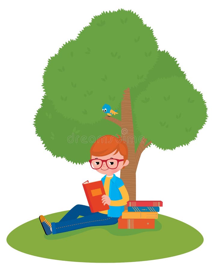 Boy Reading Book Under Tree Stock Illustration - Illustration of ...