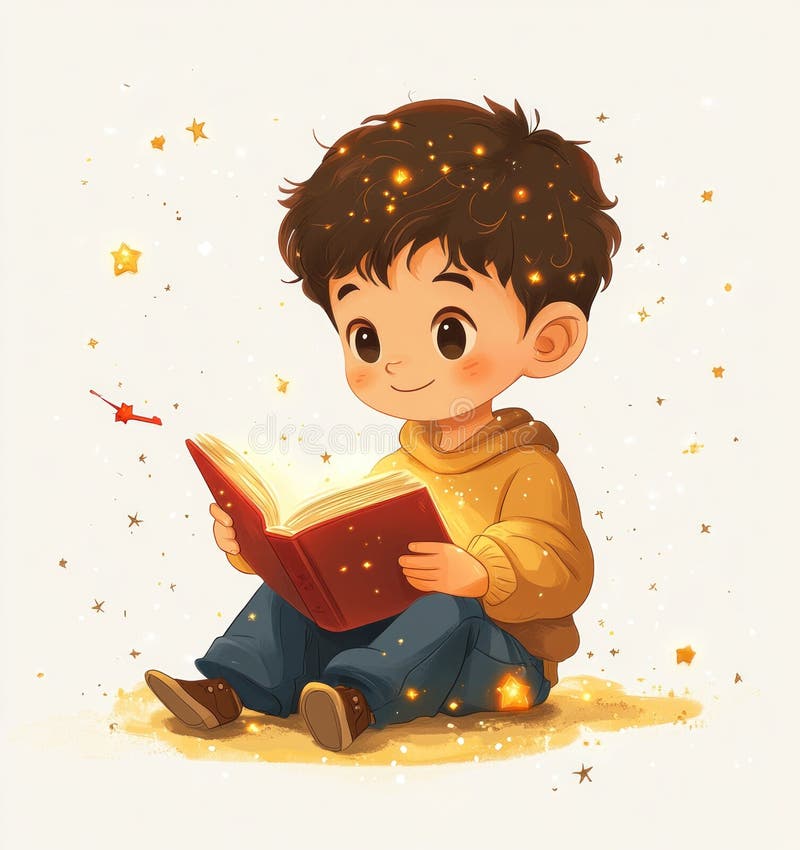 Boy Reading a Book with Sparkling Stars Illustration Stock Illustration ...
