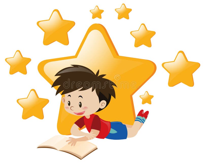 Boy Reading Book with Stars Background Stock Illustration ...