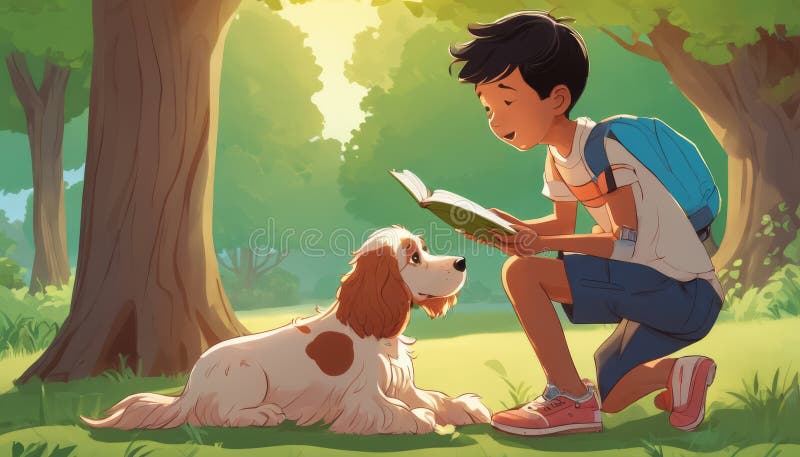 A Boy Reading a Book To a Dog Stock Illustration - Illustration of ...