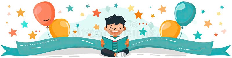 A Boy is Reading a Book Under a Banner Stock Image - Image of smart ...