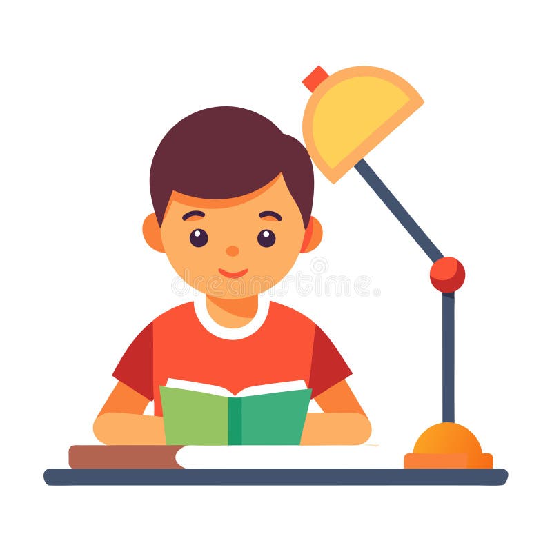 Boy Reading a Book Under a Desk Lamp in Flat Vector Illustration Stock ...