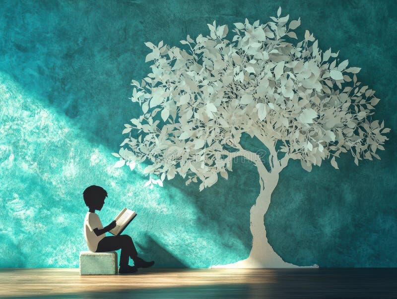 Boy Reading Book Under Silhouette Tree Learning Discovery and ...