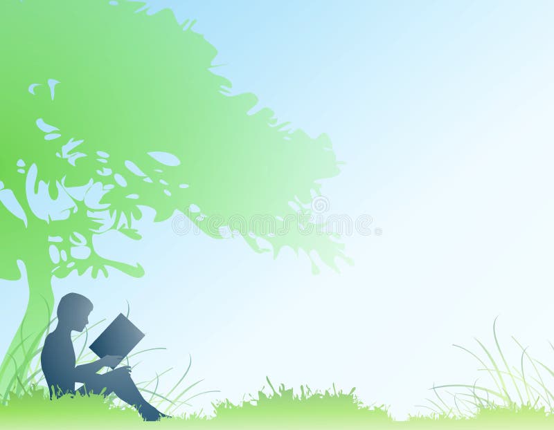 Boy Reading Book Under Tree Stock Illustration - Illustration of ...