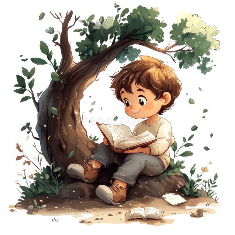 Boy Reading Book Under Tree Stock Illustrations – 252 Boy Reading Book ...