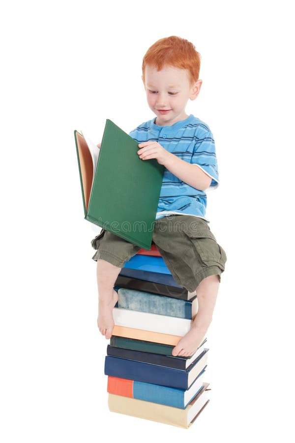 Boy Reading Kids Book on Stack of Books Stock Image - Image of school ...