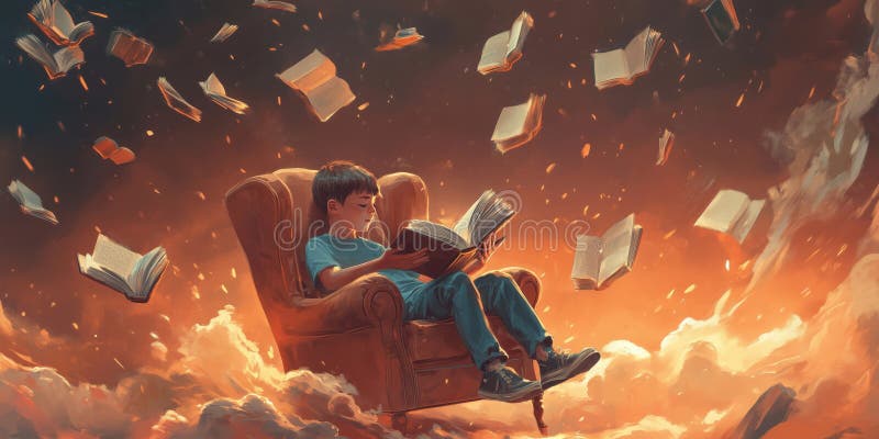 Boy Reading in a Magical World Surrounded by Floating Books and Clouds ...