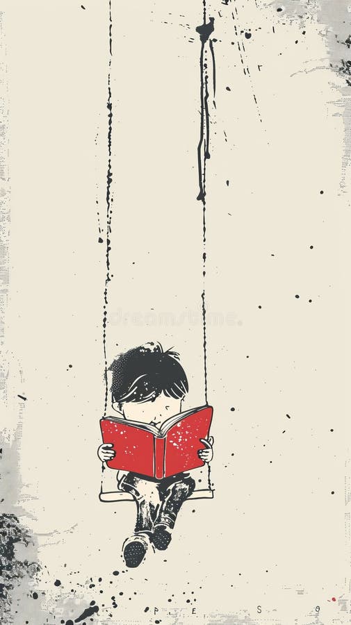Boy Reading on Swing with Red Book in Minimalist Art Style Stock ...