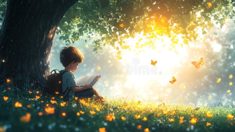 Boy Reading Under Tree Illustration Stock Photo - Image of knowledge ...