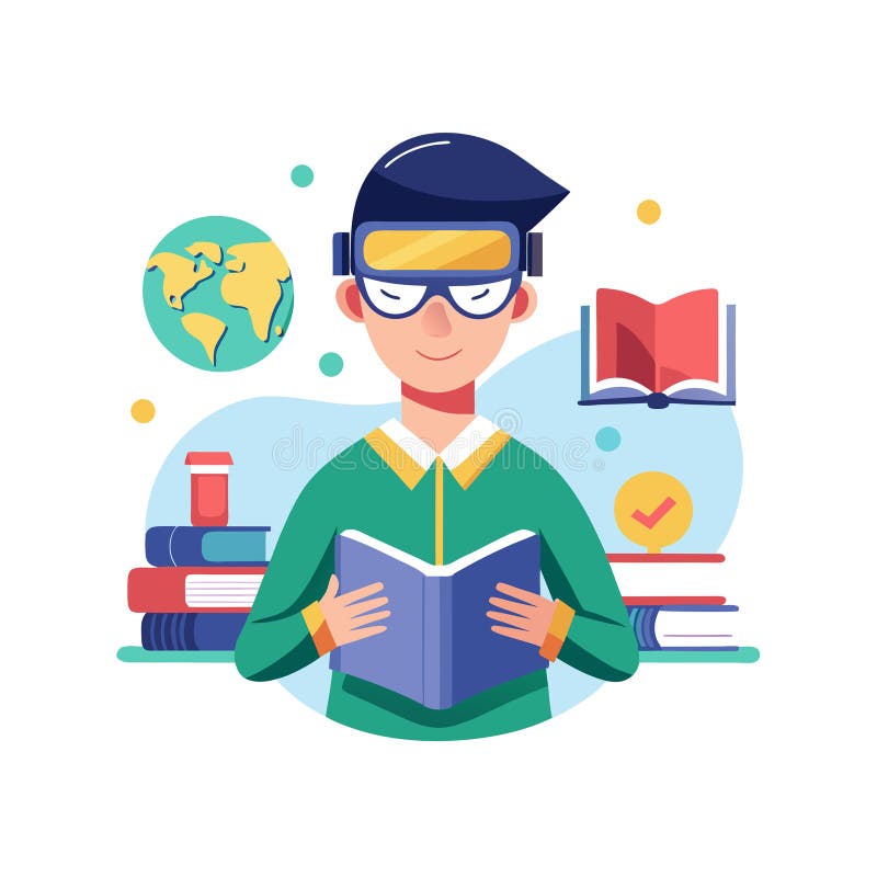 Boy Reading with VR Headset Surrounded by Books: Education and ...