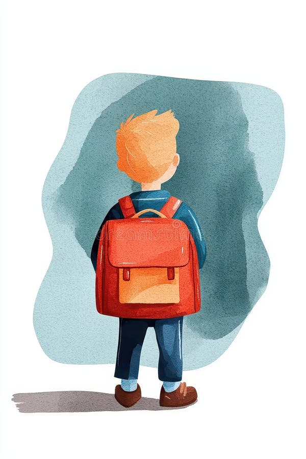 Boy in a Red Backpack, Viewed from Behind, Preparing for the Day ...