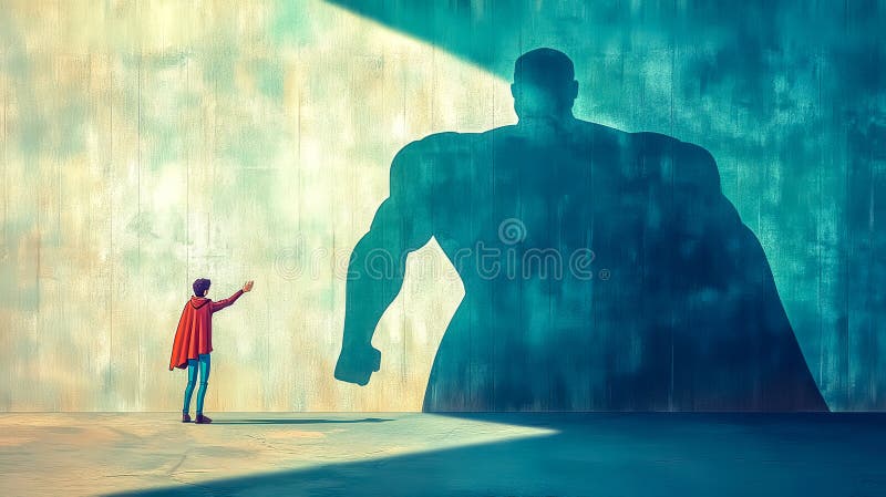 Boy with Red Cape Facing Giant Shadow on the Wall Stock Photo - Image ...