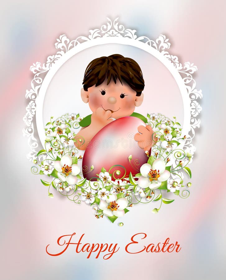 Boy with Red Easter Egg, Frame and Spring Flowers Stock Illustration ...