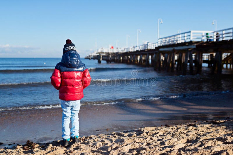 Boy in Red Jacket Playing on Beach Stock Image - Image of little ...