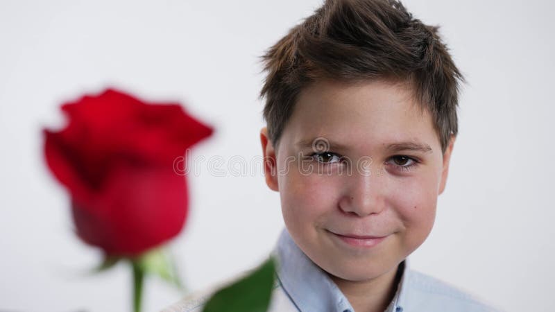Smiling Boy Gives a Red Rose Stock Video - Video of hand, love: 278435031