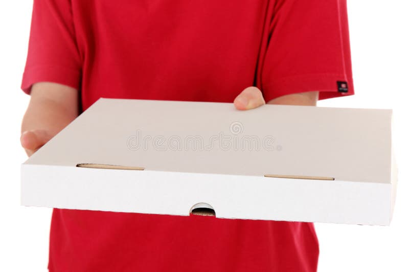 Boy Red Shirt Delivers Pizza Box Stock Photos - Free & Royalty-Free ...