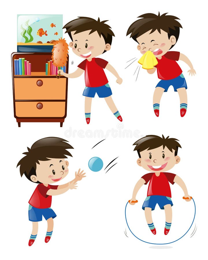 Boy in Red Shirt Doing Different Activities Stock Illustration ...