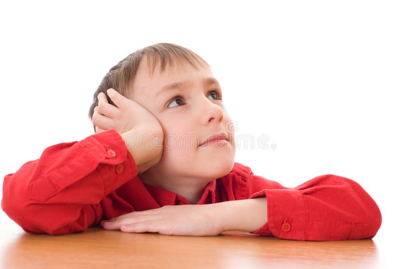 Boy in a Red Shirt Sitting at the Table Stock Photo - Image of ...